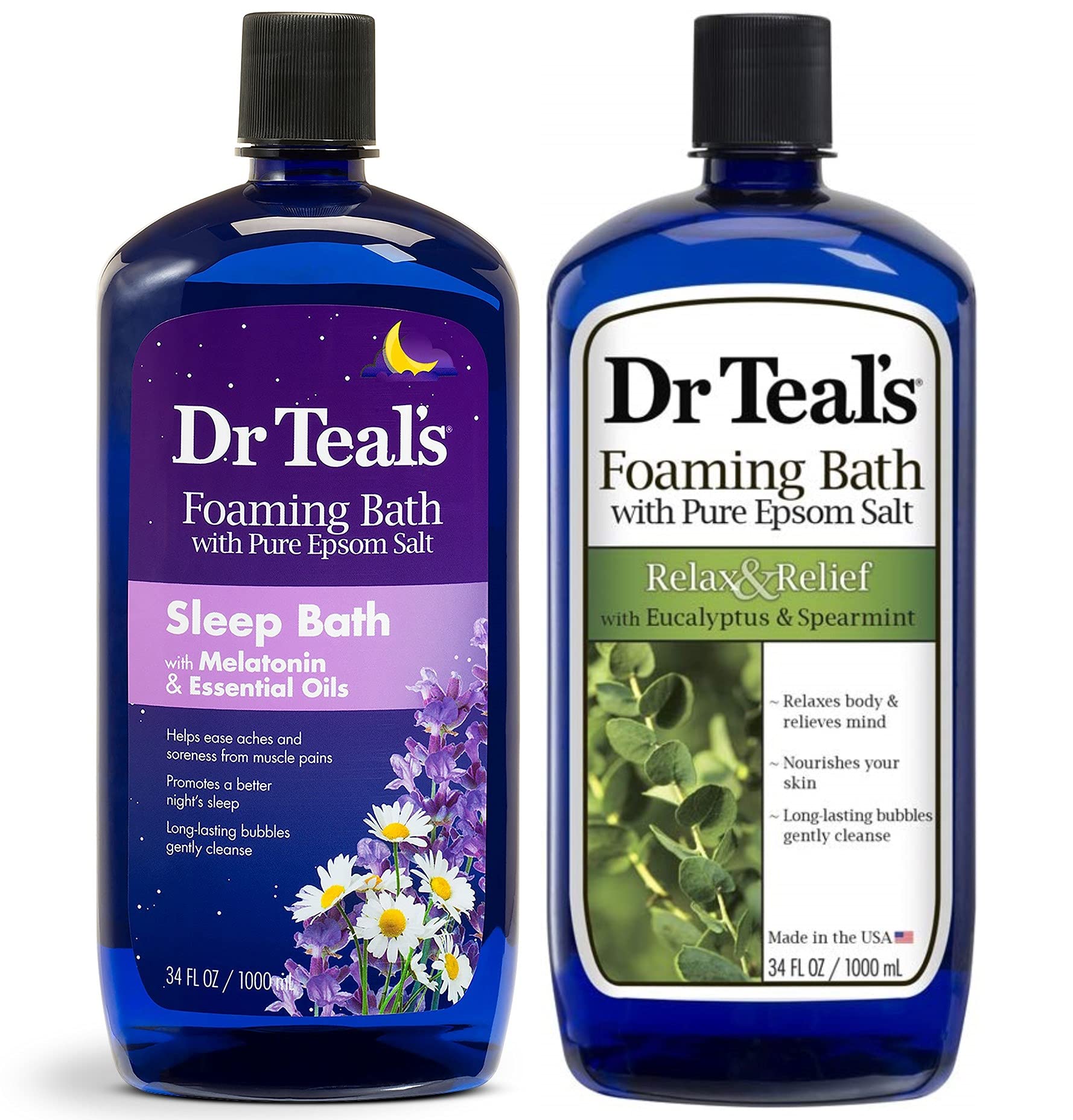 Dr Teal's Foaming Bath Variety Gift Set (2 Pack, 34oz Ea.) - Relax & Relief Eucalyptus & Spearmint, Melatonin Sleep Bath - Essential Oils Blended with Pure Epsom Salt Eases Aches & Aids in Sleep