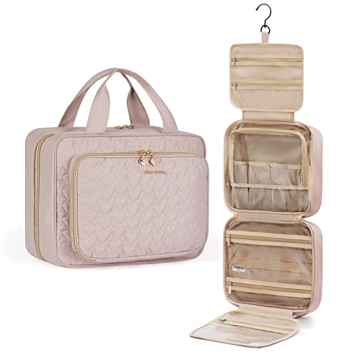 LIGHT FLIGHT Toiletry Bag For Women, Makeup Organizer, Makeup Bag for Full Sized Toiletries, Large Capacity Cosmetic Bag with Hanging Hook, Pink