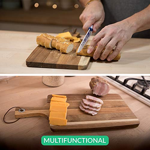 HomePro Premium Acacia Wood Cutting Board with Handle, Wood Serving Board, Cheese Board, Pizza Peel Paddle, Charcuterie Board, Best Chopping Board for Vegetables, Meat, Cheese (16.5 x 7.8 inches)