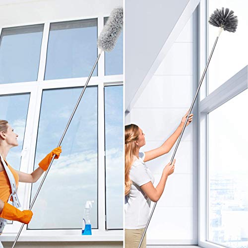 Microfiber Duster with Extension Pole 100'' + Microfiber & Domed Cobweb Double Replacement Heads Extendable Dusters