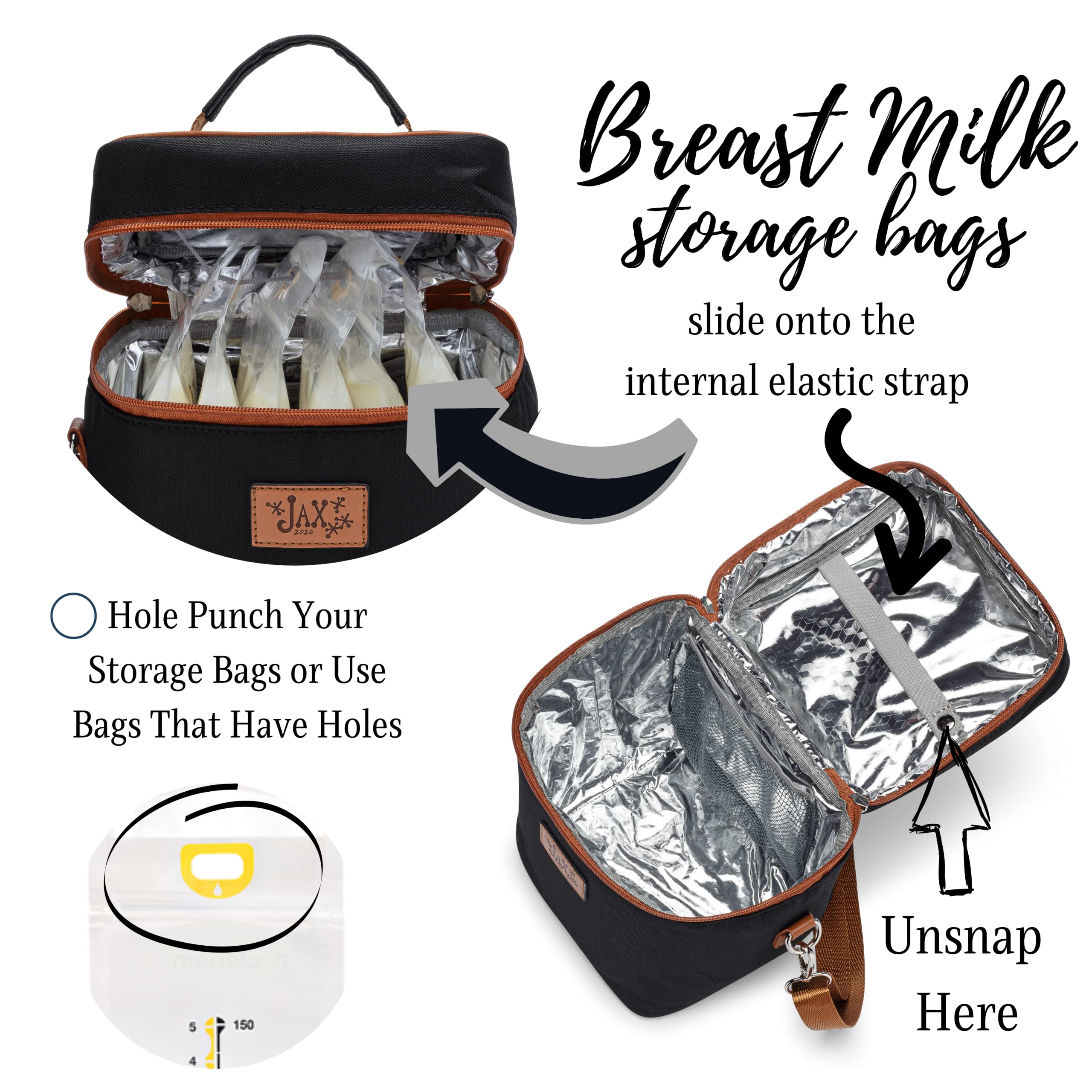 Jax 2020 Breastmilk Cooler Bag, Insulated Container for 6 Bottles, Keeps Milk Fresh, Adjustable Shoulder Strap, Pocket for Ice Pack, Black