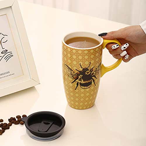 TZSSP Coffee Ceramic Mug Porcelain Latte Tea Cup With Lid 17oz. Bee
