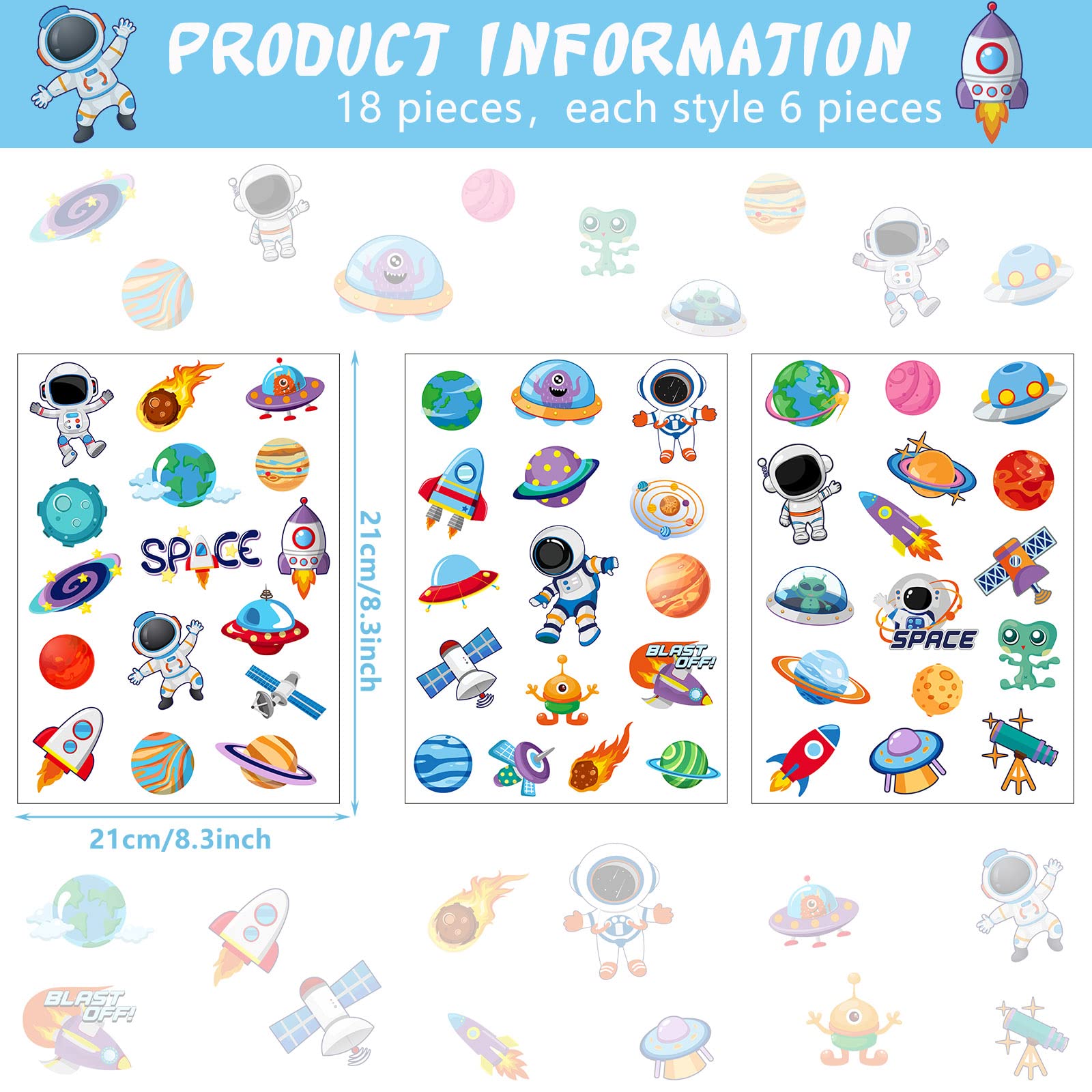 Maitys 288 Pcs Space Themed Party Temporary Tattoos Include Alien Planet Rocket ship Tattoos Stickers for Kids Astronaut Favors Goodie Bag Stuffers Space Themed Birthday Supplies 48 Styles