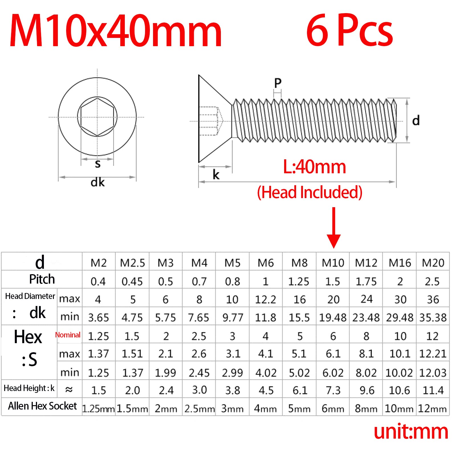 M10-1.5 x 40mm Flat Head Socket Cap Screws Bolts, Stainless Steel 18-8 (304), Bright Finish, Allen Socket Drive,Machine Screws Inner Hex Screw Fasteners Bolts 6 Pcs