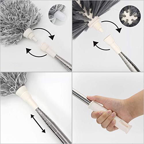 Microfiber Duster with Extension Pole 100'' + Microfiber & Domed Cobweb Double Replacement Heads Extendable Dusters