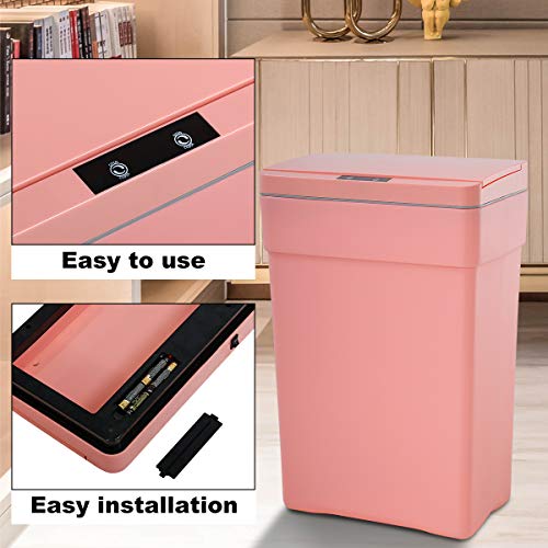 Kitchen Touch Free Trash Can Garbage Can with Lid Waste Bin Sensor Automatic 13 Gallon 50L Large Capacity Trash Can for Bathroom Office Bedroom Home, Pink