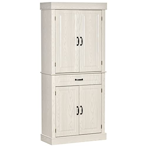 HOMCOM 71" Freestanding Kitchen Pantry with 4 Doors, and 2 Large Cabinets, Tall Storage Cabinet with Wide Drawer for Kitchen Dining Room, White