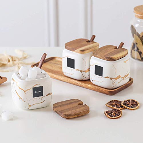 JFFLYIT 3 Pcs Sugar Bowls Ceramic Coffee Jar Set Ceramic Seasoning Jar with Lid Spoon and Tray/Food Storage Canister