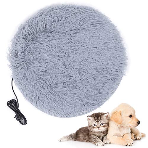 VINGVO Pet Heating Pad, Cat Plush Mat Dog Cat Electric Heated Blanket Mat, 40cm Round Heated Mat Plush Electric Cat Bed Warmer with USB Charging Interface for Small Dogs, Silver Gray