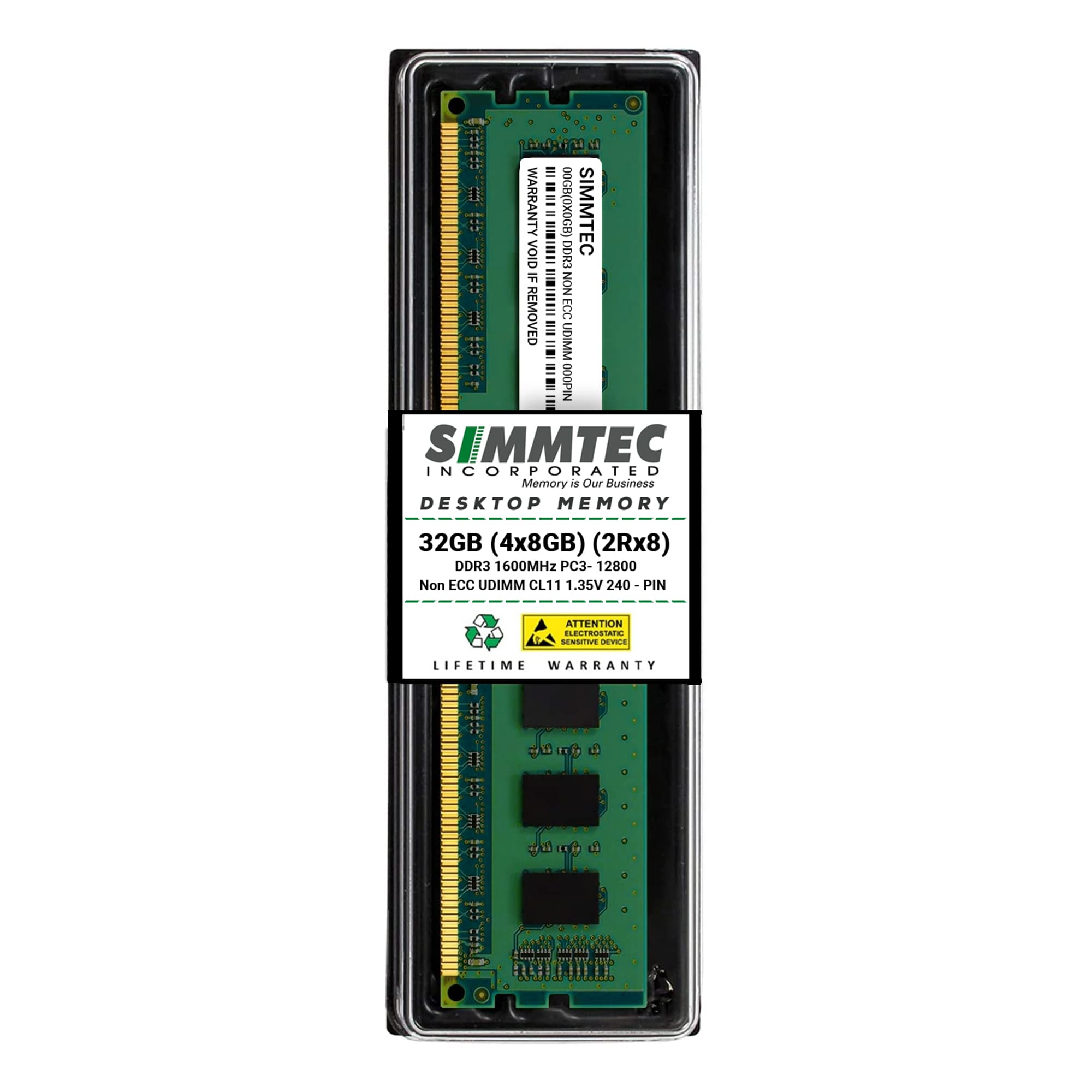 Simmtec RAM 32GB (4x8GB) DDR3 / DDR3L 1600 MHz DIMM PC3L-12800 / PC3-12800 (PC3L-12800U) CL11 2Rx8 1.35V Non-ECC UDIMM 240 Pin - Desktop PC Computer Memory Upgrade Kit