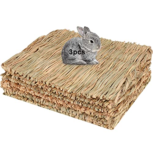 Anyuxin Rabbit Grass Mat - Woven Bed Mat, Bunny Bedding for Small Animals, Natural Straw Woven Bed for Pet Nesting, Nature Hay Mat Chewing Play Toy for Guinea Pig, Hamster, Squirrel and More(3 Pack)