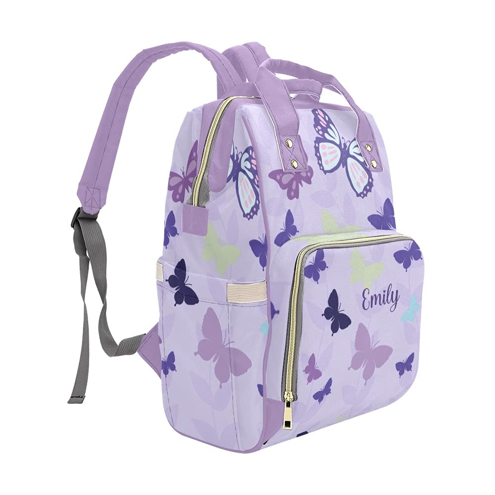 Yeshop Butterfly Purple Personalized Diaper Bag Backpack Tote with Name,Custom Travel Nappy Mommy Bag Backpack for Baby Girl Boy Gift, A300, 10.83In x 6.69Inx 15In