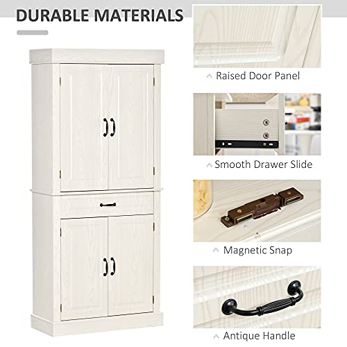 HOMCOM 71" Freestanding Kitchen Pantry with 4 Doors, and 2 Large Cabinets, Tall Storage Cabinet with Wide Drawer for Kitchen Dining Room, White