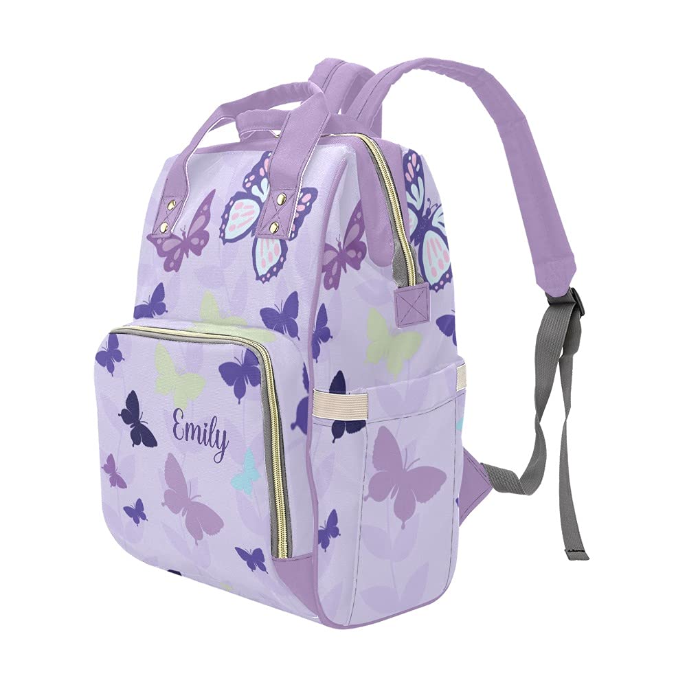 Yeshop Butterfly Purple Personalized Diaper Bag Backpack Tote with Name,Custom Travel Nappy Mommy Bag Backpack for Baby Girl Boy Gift, A300, 10.83In x 6.69Inx 15In