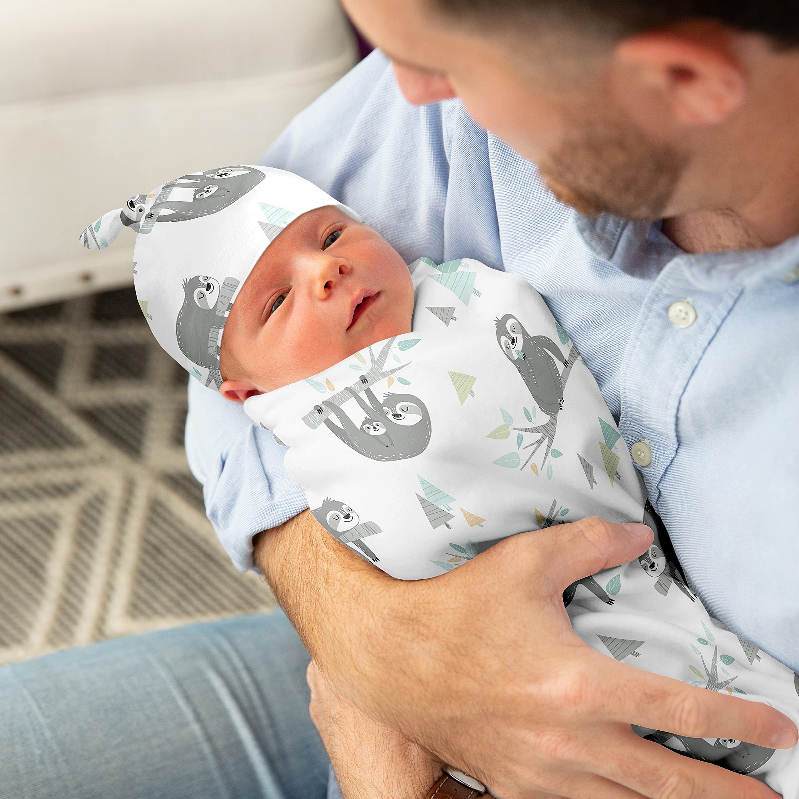 Sweet Jojo Designs Blue Jungle Sloth Baby Boy or Girl Cocoon and Beanie Hat Set Jersey Stretch Knit Sleeping Bag Infant Newborn Nursery Sleep Wrap Sack - Turquoise Grey Green Botanical Rainforest Leaf