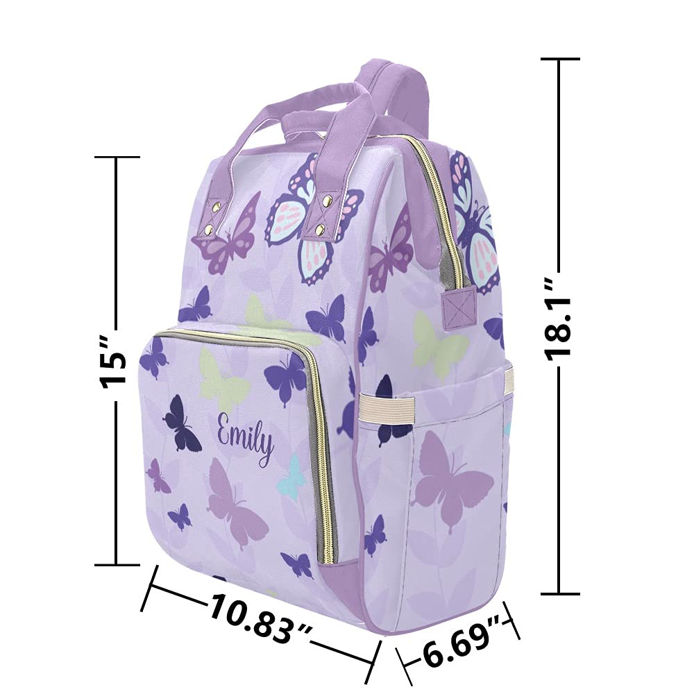 Yeshop Butterfly Purple Personalized Diaper Bag Backpack Tote with Name,Custom Travel Nappy Mommy Bag Backpack for Baby Girl Boy Gift, A300, 10.83In x 6.69Inx 15In