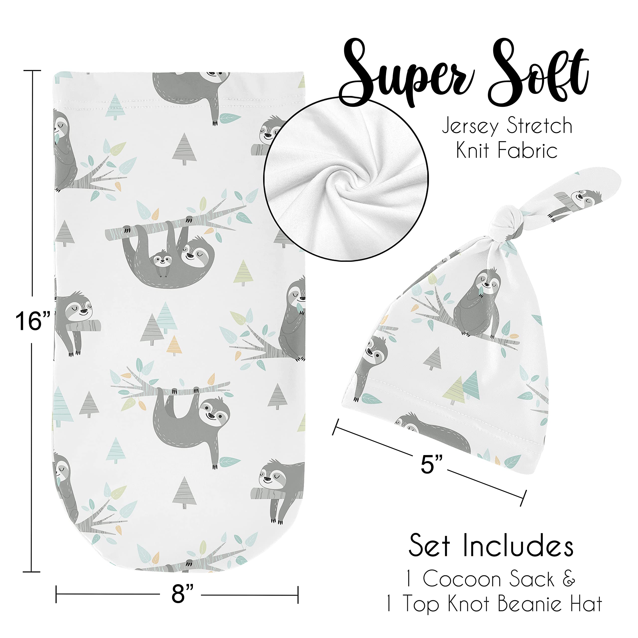 Sweet Jojo Designs Blue Jungle Sloth Baby Boy or Girl Cocoon and Beanie Hat Set Jersey Stretch Knit Sleeping Bag Infant Newborn Nursery Sleep Wrap Sack - Turquoise Grey Green Botanical Rainforest Leaf