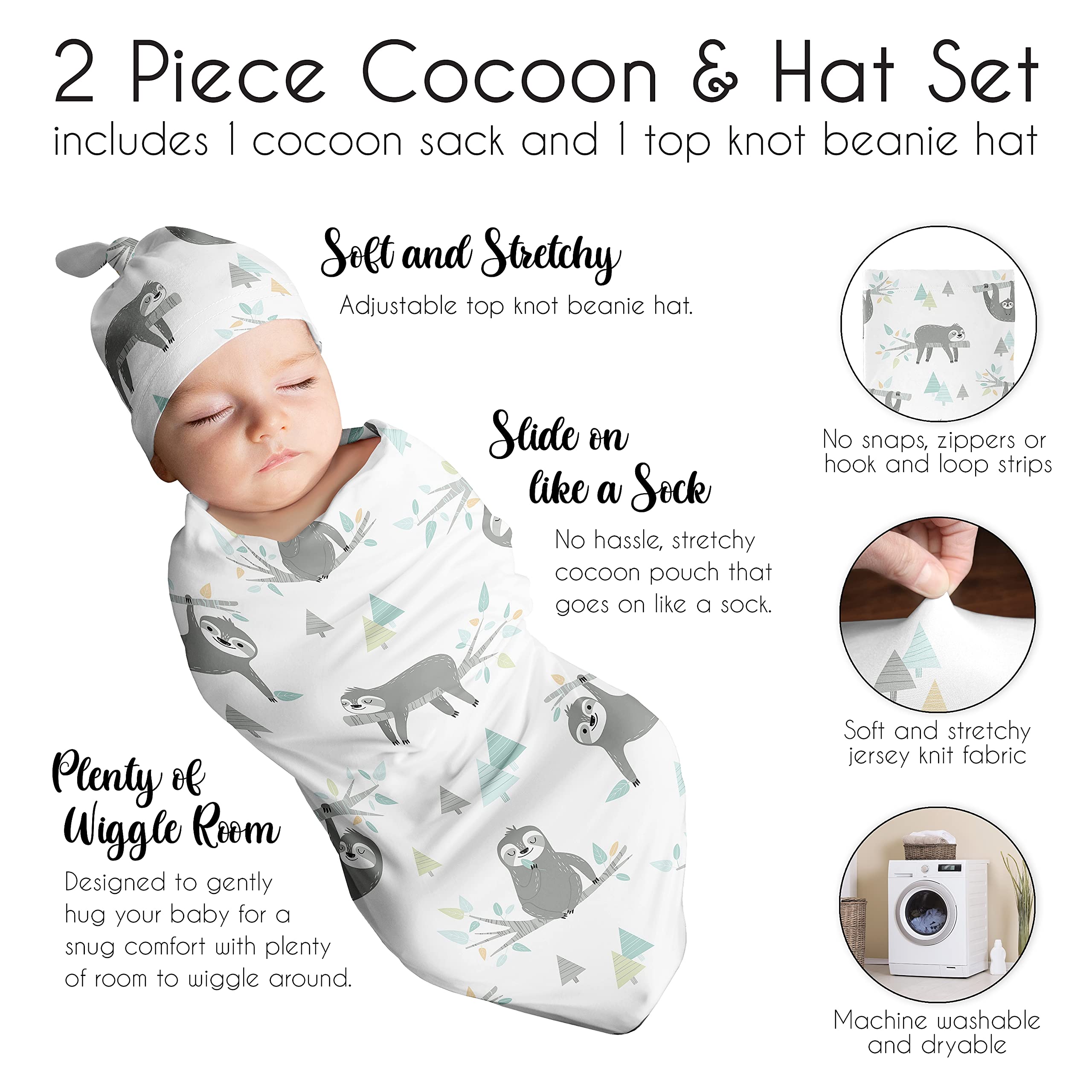 Sweet Jojo Designs Blue Jungle Sloth Baby Boy or Girl Cocoon and Beanie Hat Set Jersey Stretch Knit Sleeping Bag Infant Newborn Nursery Sleep Wrap Sack - Turquoise Grey Green Botanical Rainforest Leaf