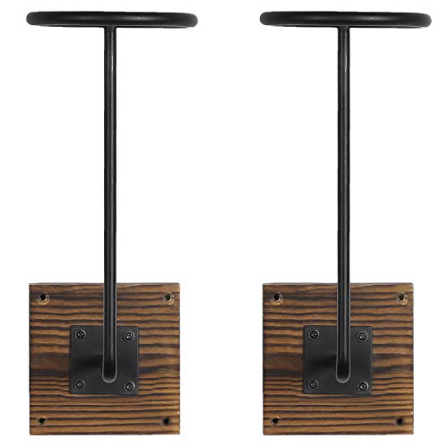 MyGift Set of 2 Wall Mounted Helmet Rack, Black Metal and Rustic Burnt Wood Base Motorcycle, Bicycle, Skateboard Helmet Display Holder and Jacket/Coat Hanger