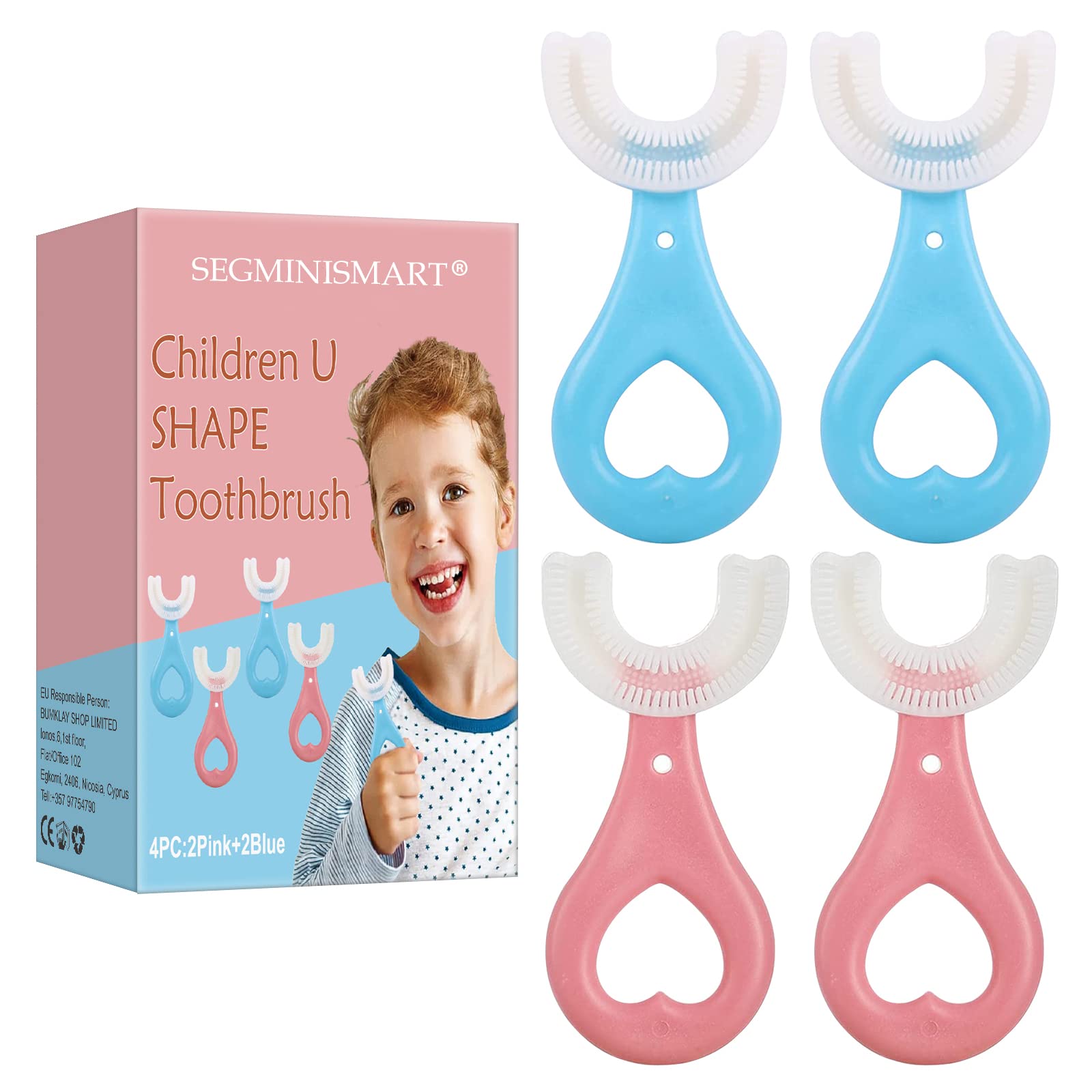 SEGMINISMART Kids U Shaped Toothbrush,U Shape Toothbrush,U Shape Kids Manual Toothbrush,Soft Silicone Brush Head,360° Oral Teeth Cleaning Design for Toddlers and Children,4 Pack