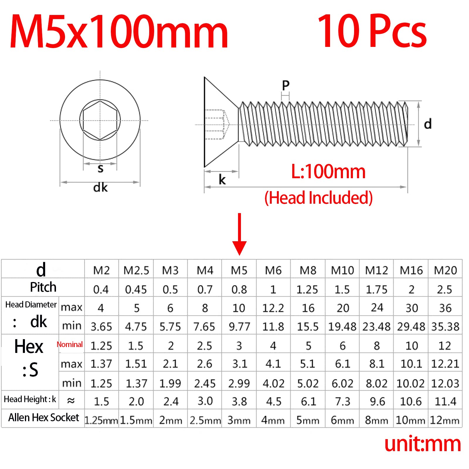 M5-0.8 x 100mm Flat Head Socket Cap Screws Bolts, Stainless Steel 18-8 (304), Bright Finish, Allen Socket Drive,Machine Screws Inner Hex Screw Fasteners Bolts 10 Pcs
