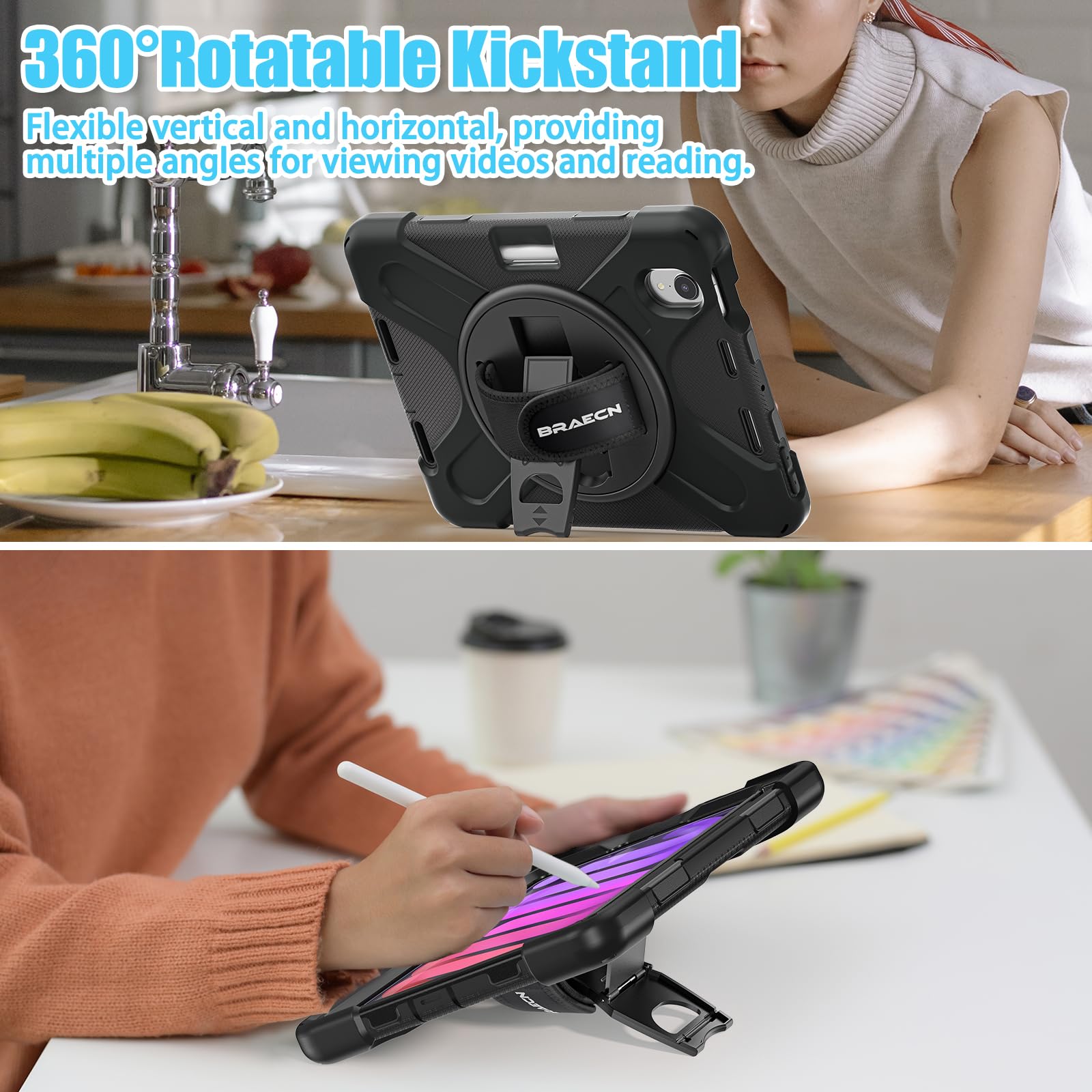 BRAECNstock for Apple iPad Mini 7 A17 Pro Case iPad Mini 7th/6th Generation Case 2024/2021 8.3" with Screen Protector Pen Holder Rotating Hand Strap Stand Shockproof iPad Mini 7/6 Case Kids - Black