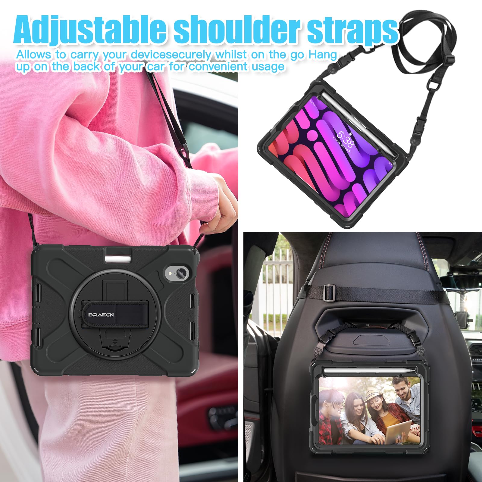 BRAECNstock for Apple iPad Mini 7 A17 Pro Case iPad Mini 7th/6th Generation Case 2024/2021 8.3" with Screen Protector Pen Holder Rotating Hand Strap Stand Shockproof iPad Mini 7/6 Case Kids - Black