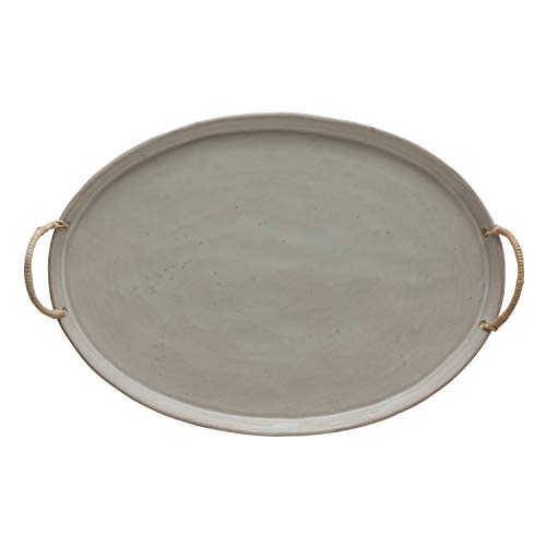 Creative Co-Op Stoneware Platter with Rattan Wrapped Handles, Reactive Glaze, White & Brown (Each One Will Vary) Tray
