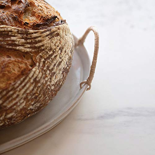 Creative Co-Op Stoneware Platter with Rattan Wrapped Handles, Reactive Glaze, White & Brown (Each One Will Vary) Tray