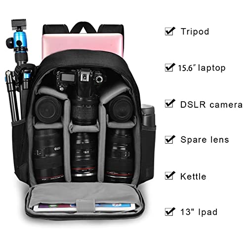 CADeN Camera Backpack Bag for DSLR/SLR Mirrorless Camera Waterproof with 15.6 inch Laptop Compartment, Tripod Holder, Rain Cover, Camera Case Compatible for Sony Canon Nikon Black L