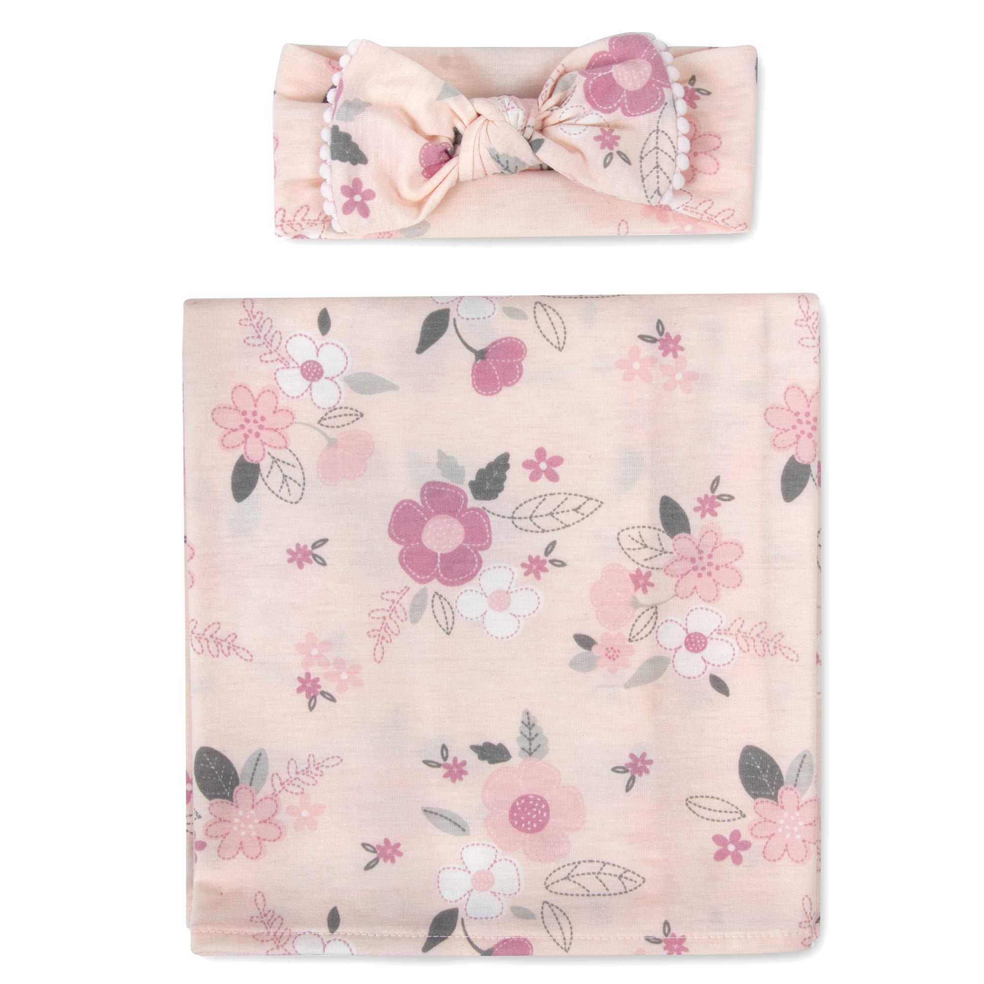 Wendy Bellissimo Super Soft Swaddle Receiving Blanket (35x40) with Hat or Headband for Baby Boy or Baby Girl (Pink Floral)