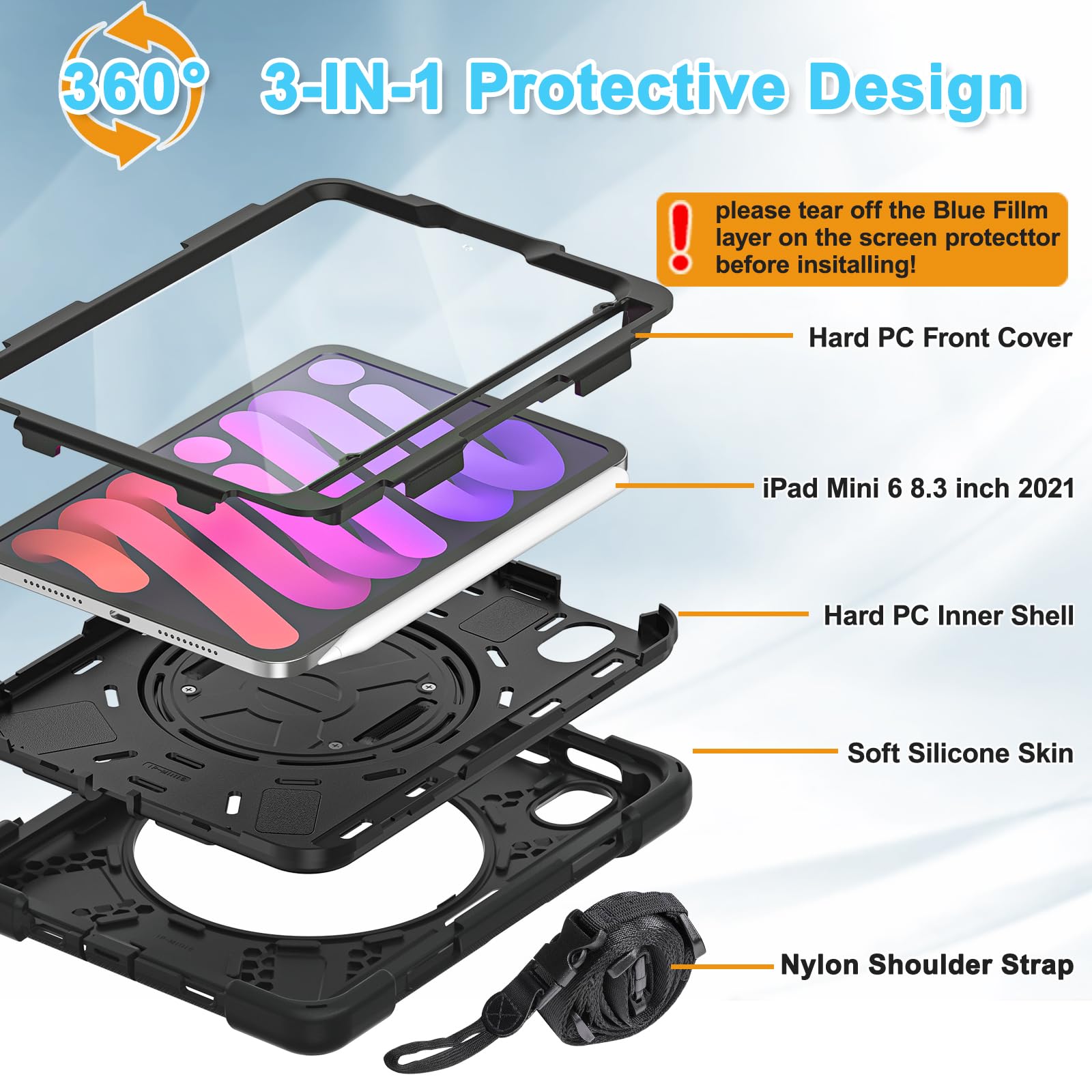 BRAECNstock for Apple iPad Mini 7 A17 Pro Case iPad Mini 7th/6th Generation Case 2024/2021 8.3" with Screen Protector Pen Holder Rotating Hand Strap Stand Shockproof iPad Mini 7/6 Case Kids - Black