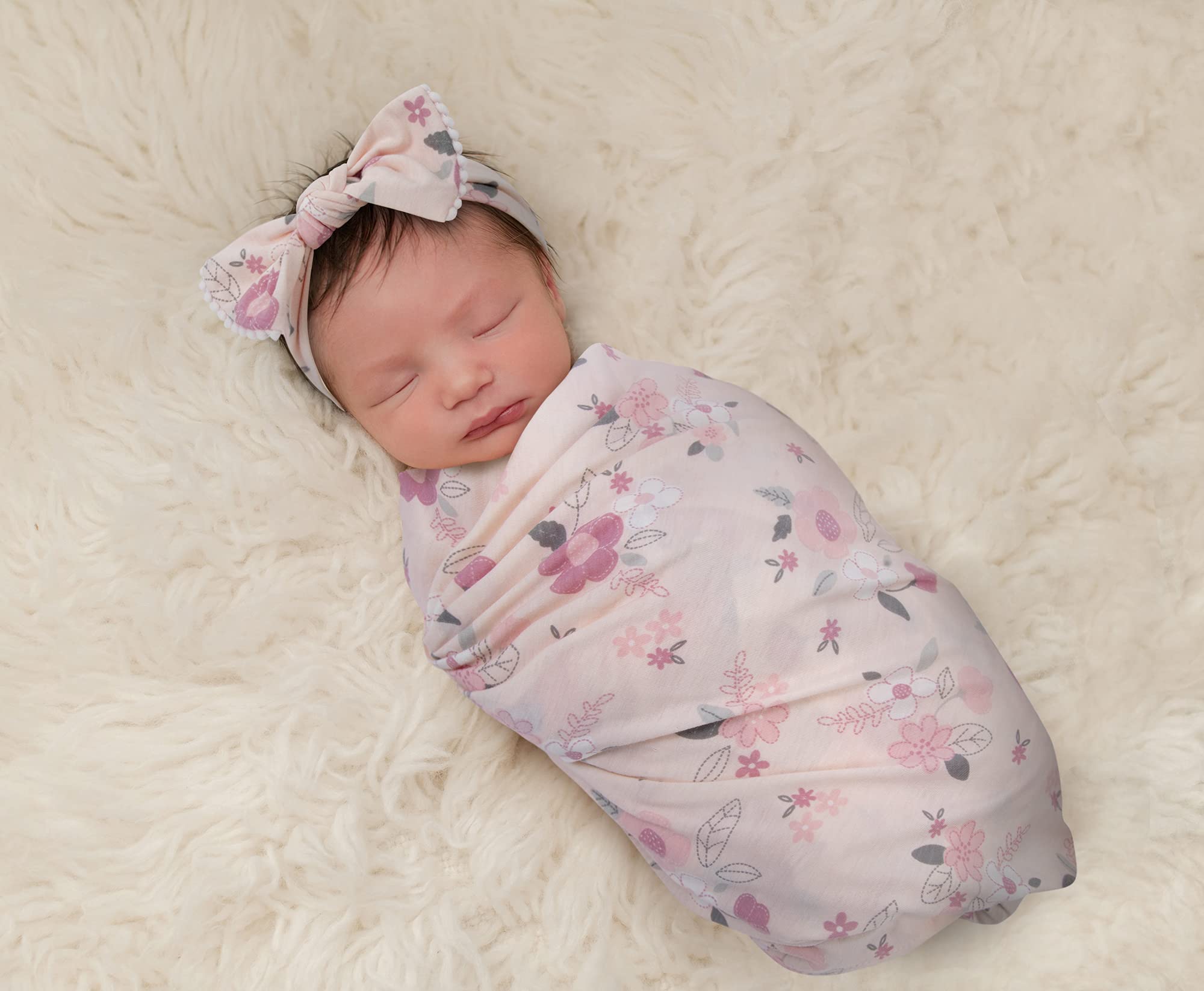 Wendy Bellissimo Super Soft Swaddle Receiving Blanket (35x40) with Hat or Headband for Baby Boy or Baby Girl (Pink Floral)