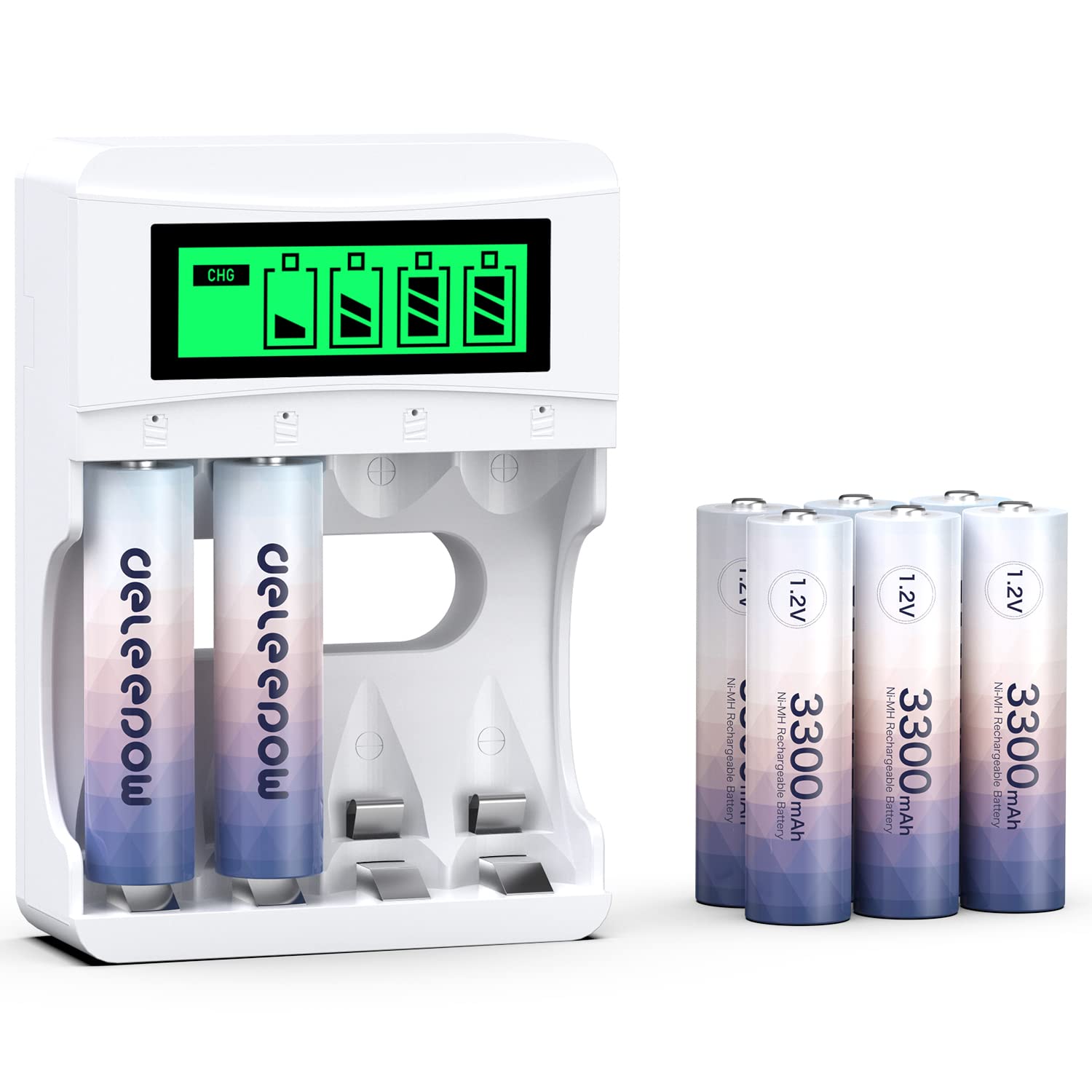 Deleepow Rechargeable AA Batteries with Charger 3300mAh Nimh AA Rechargeable Batteries 8 Count 1.2V 1200 Cycle with LCD Charger High Capacity Performance