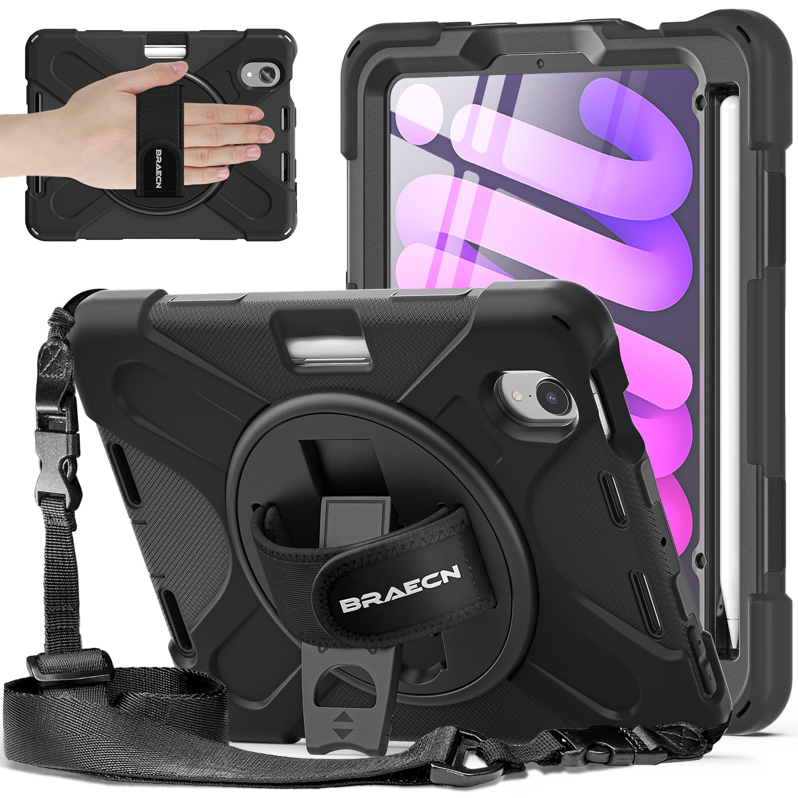 BRAECNstock for Apple iPad Mini 7 A17 Pro Case iPad Mini 7th/6th Generation Case 2024/2021 8.3" with Screen Protector Pen Holder Rotating Hand Strap Stand Shockproof iPad Mini 7/6 Case Kids - Black