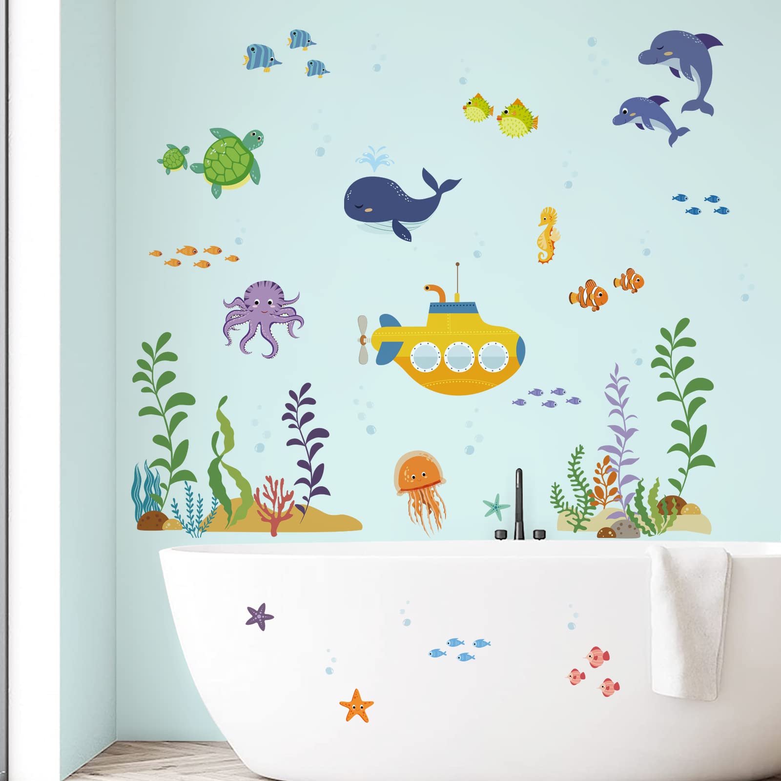 wondever Under The Sea Submarine Wall Stickers Tropical Fish Seaweed Dolphin Peel and Stick Wall Art Decals for Baby Nursery Kids Bedroom Bathroom