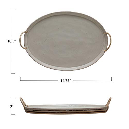 Creative Co-Op Stoneware Platter with Rattan Wrapped Handles, Reactive Glaze, White & Brown (Each One Will Vary) Tray