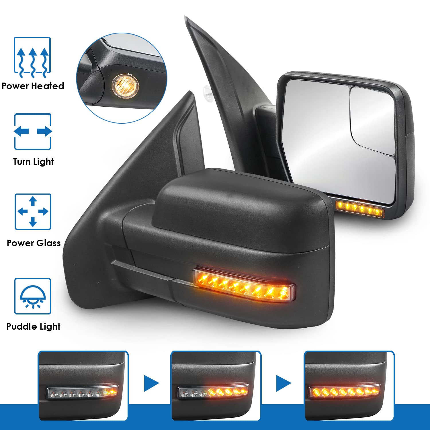 MOSTPLUS Power Heated Towing Mirror Compatible with 2004-2014 Ford F150 F-150 Power Heated Mirror w/Sequential Turn Light, Puddle Light, Dural Beam (Black)