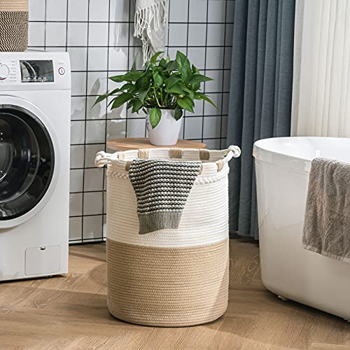 YOUDENOVA 72L Large Woven Laundry Hamper- Tall Laundry Basket for Clothes, Cotton Rope Hamper with Durable Handles, Decorative Brown Laundry Basket for Bedroom and Living Room, 16”W x 22”H