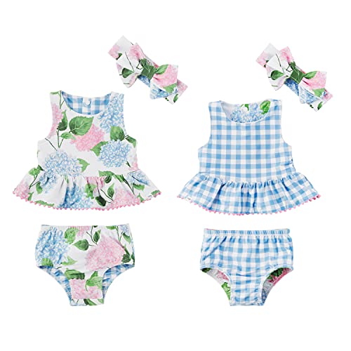 Mud Pie Girls Reversible Swimsuit & Headband Set, Hydrangea/Gingham, 2T