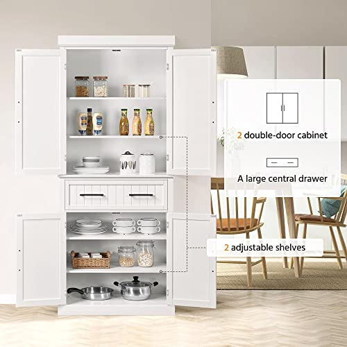 Yaheetech Kitchen Pantry Storage Cabinet with Doors and Adjustable Shelves, Freestanding Pantry Cabinets with Drawer, Modern Farmhouse Pantry Cupboard for Kitchen, Dinning Room, Living Room, White