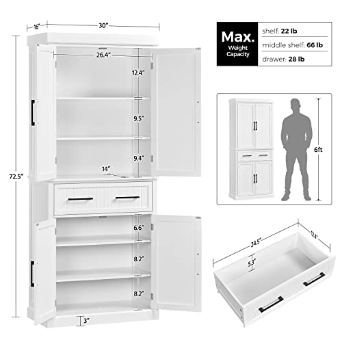 Yaheetech Kitchen Pantry Storage Cabinet with Doors and Adjustable Shelves, Freestanding Pantry Cabinets with Drawer, Modern Farmhouse Pantry Cupboard for Kitchen, Dinning Room, Living Room, White