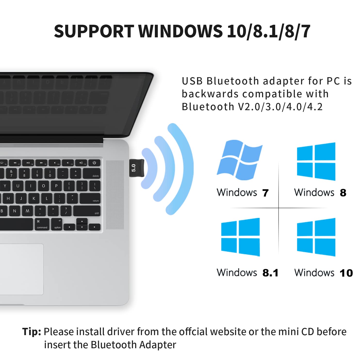 Bluetooth Adapter for PC 5.0, ALINKVITE Bluetooth Adapter for Windows 10/8.1/8/7, Bluetooth Dongle with Ultra-Range, Dual-Mode, USB Dongle for Keyboard, PC, Mobile, Headset, Printer, Speakers