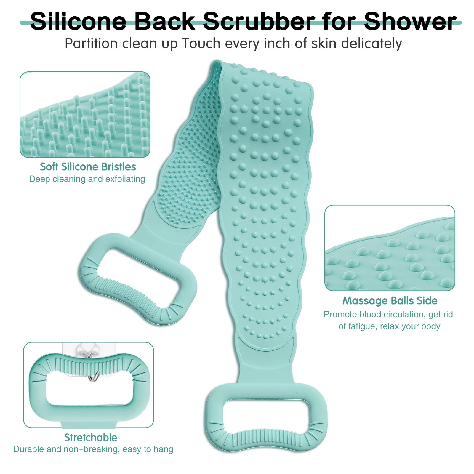 JefDiee Silicone Back Scrubber for Shower, Lengthen & Soft Back Washer, Bath Body Brush with Handles for Deep Cleaning, Exfoliating and Massaging, Improve Your Blood Circulation, Body Scrubber (Green)