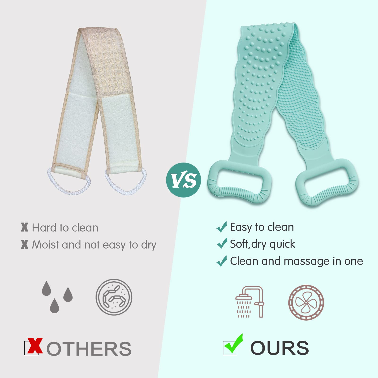 JefDiee Silicone Back Scrubber for Shower, Lengthen & Soft Back Washer, Bath Body Brush with Handles for Deep Cleaning, Exfoliating and Massaging, Improve Your Blood Circulation, Body Scrubber (Green)
