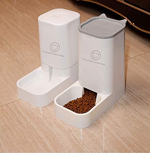 Automatic pet Feeder and Water Dispenser Set Cat and Dog Big Capacity Pet Bowl for Cats & Small,Medium, Large Dogs 1 Gallon Feeder and 3.7L Waterer (Waterer+Feeder White)