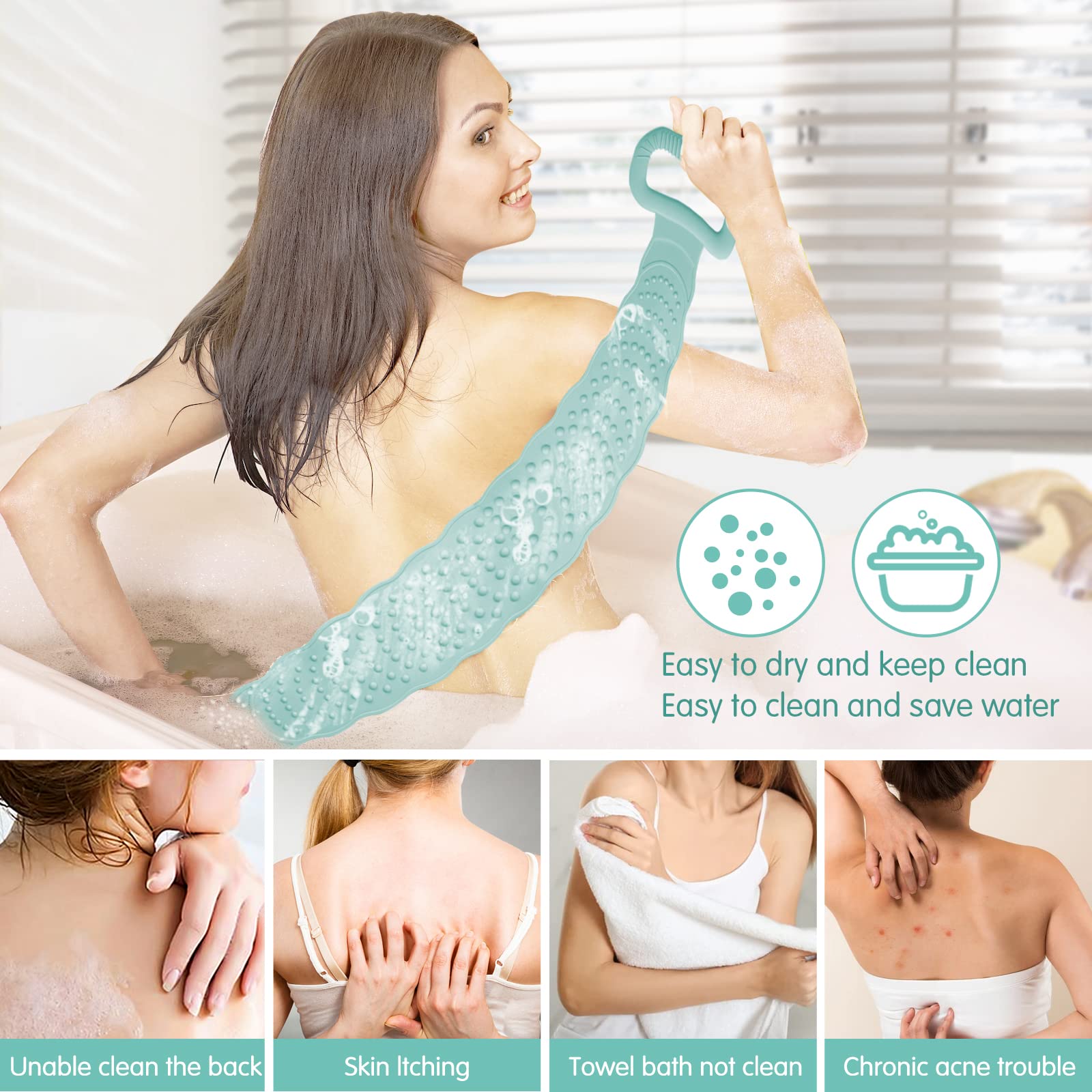 JefDiee Silicone Back Scrubber for Shower, Lengthen & Soft Back Washer, Bath Body Brush with Handles for Deep Cleaning, Exfoliating and Massaging, Improve Your Blood Circulation, Body Scrubber (Green)