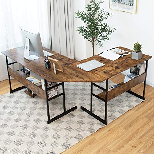 Tangkula 67 inches L-Shaped Desk, Corner Computer Desk with Bottom Bookshelves & CPU Stand, Drafting Drawing Table with Tiltable Desktop, Corner Computer Workstation Home Office Desk (Rustic Brown)