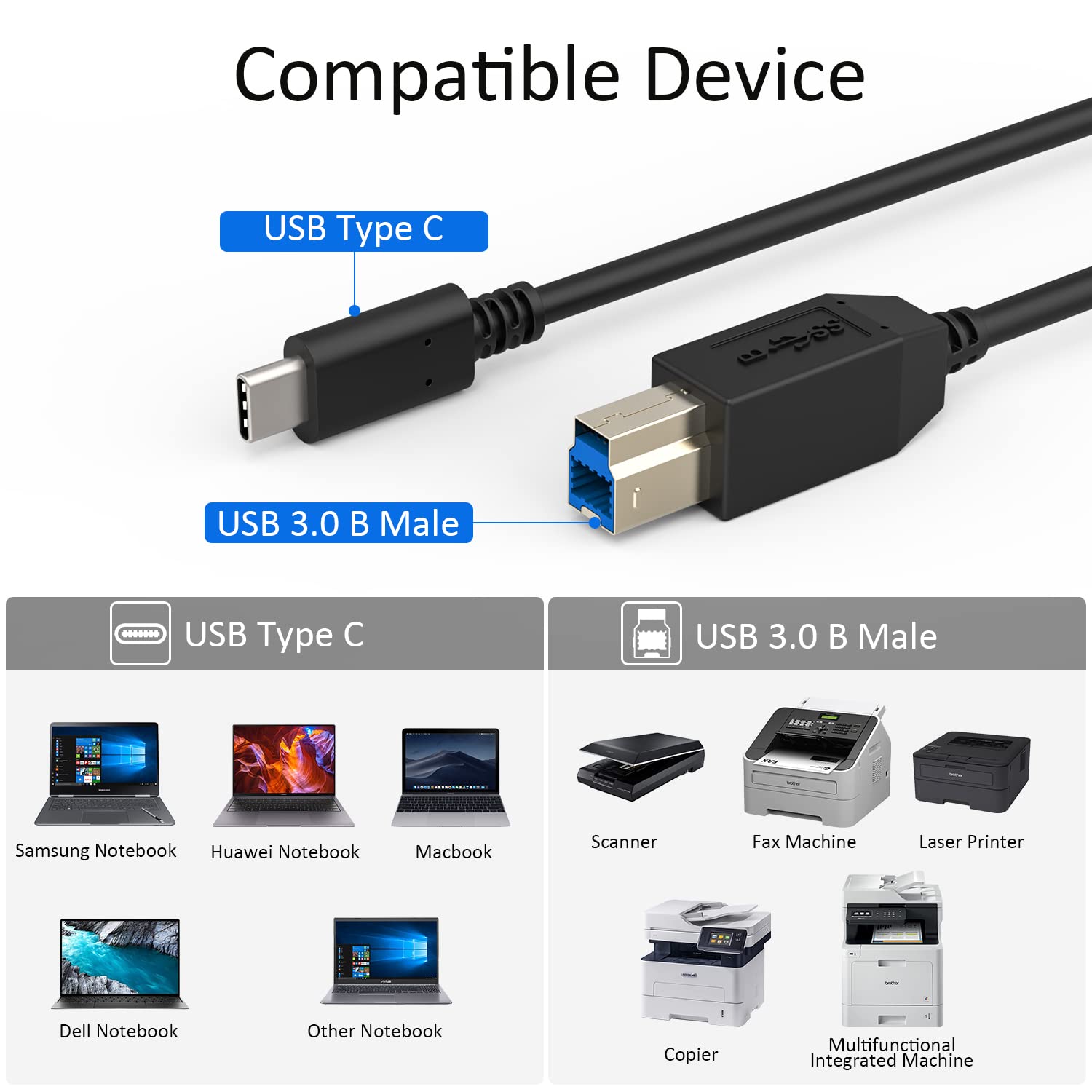 CBUS 6ft USB-C to USB-B USB 3.0 Cable Compatible with iFi Zen DAC, Dell Monitors, Printers Scanners, External Hard Drives, USB Hub Docking Stations & More (Black)