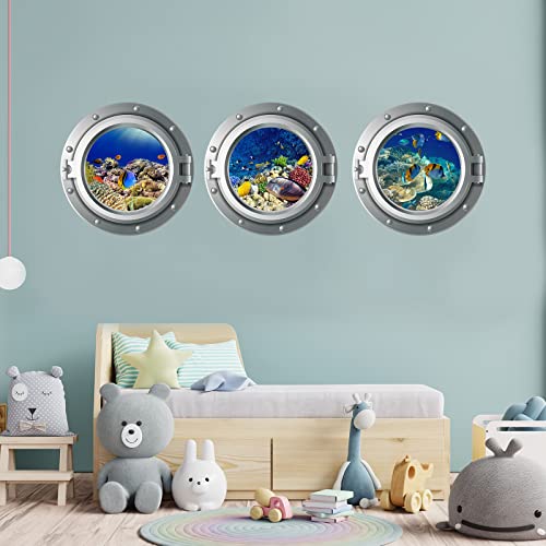 Erllsino 3Pcs Ocean World Wall Stickers 3D Porthole Under The Sea Wall Sticker Sea Life Wall Decals Removable Fish Coral Reef Wall Stickers Ocean Animal Wall Decal Mural for Room Nursery